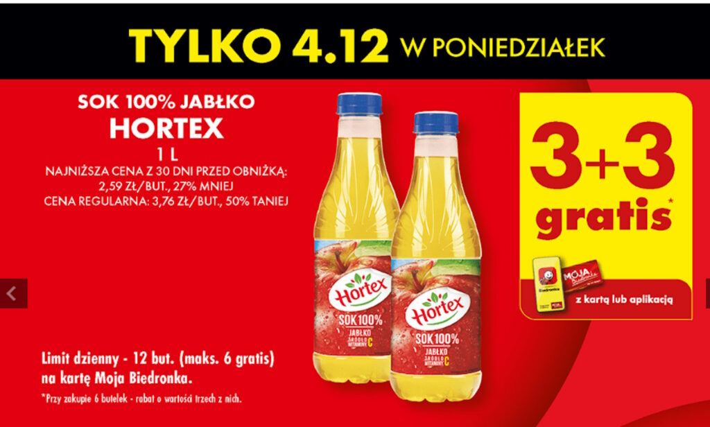 Poniedziałkowy promocyjny hit w Biedronce: 3+3 gratis na soki Hortex ...